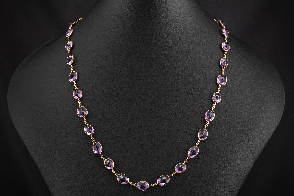 Lange Collier Kette 90cm oval facettierten Amethysten Gold